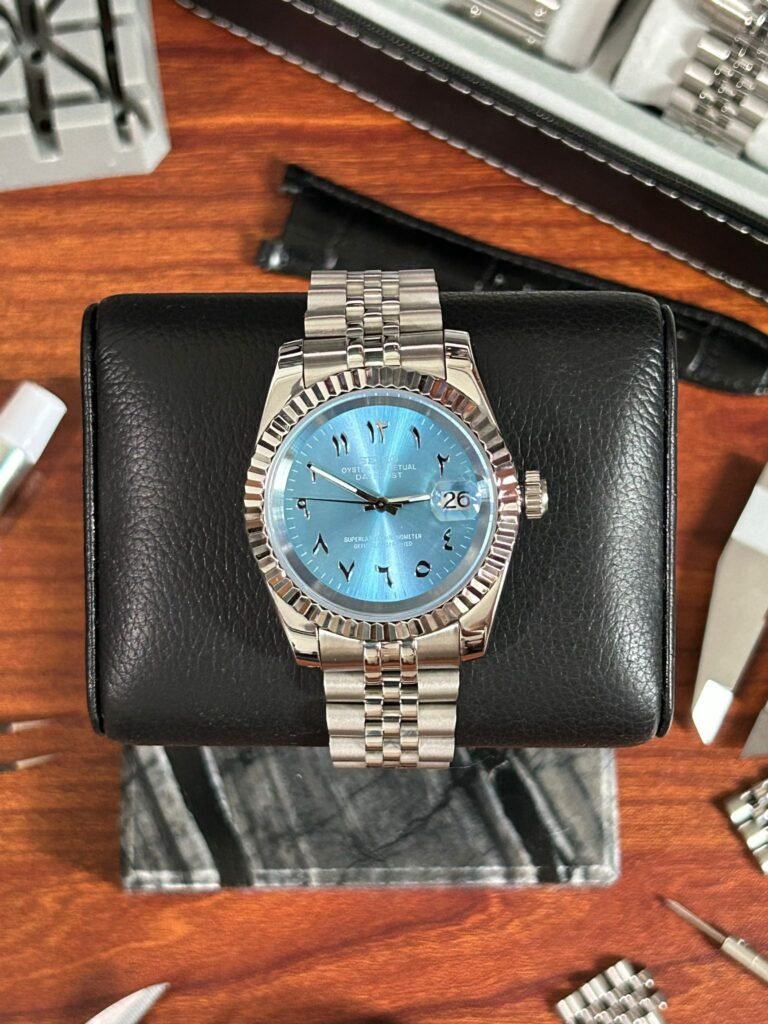 SEIKO MOD ROLEX DATEJUST IN LIGHT BLUE ARABIC DIAL – The Watch Society